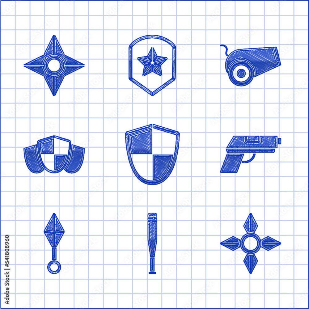Set Shield, Baseball bat, Japanese ninja shuriken, Pistol or gun ...