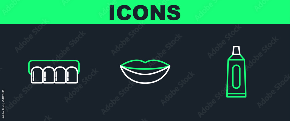 Set line Tube of toothpaste, Dentures model and Smiling lips icon ...
