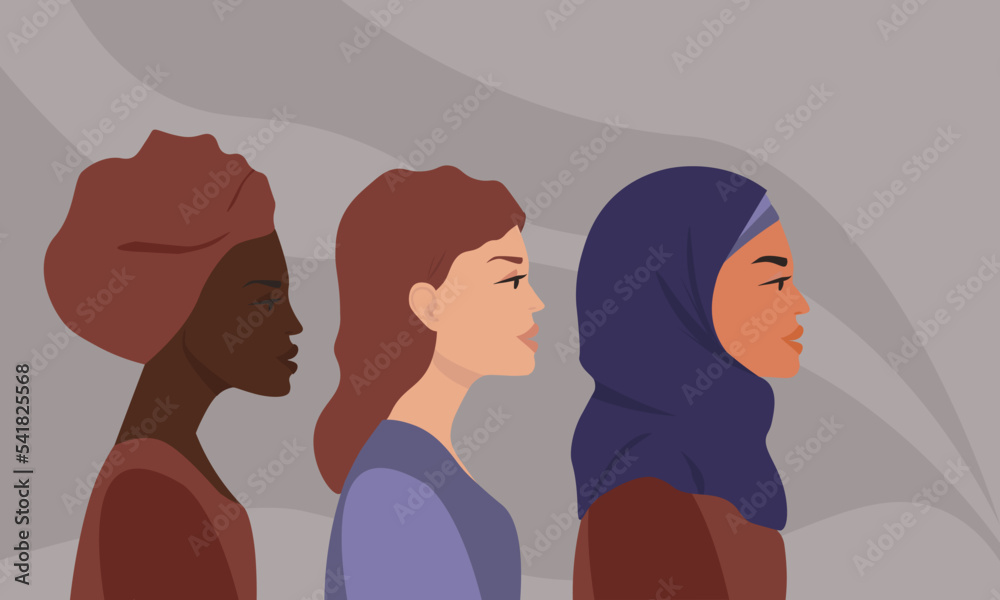 Women of different nationalities, religions, skin color in profile. The ...