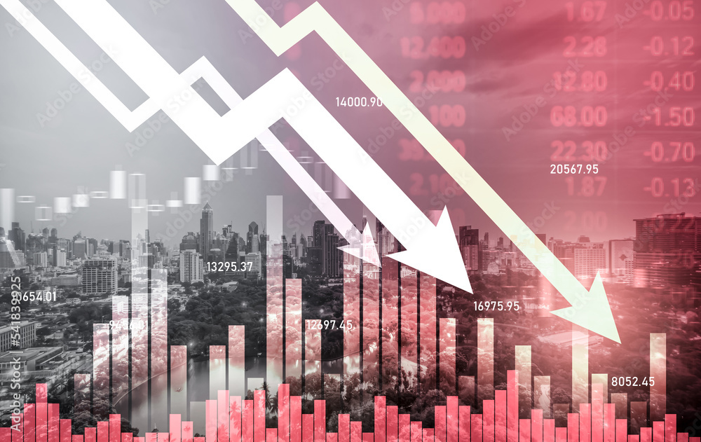 Economic crisis concept shown by digital indicators and graphs falling ...