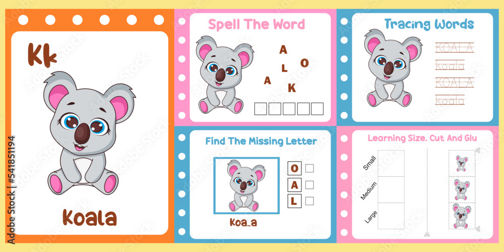 worksheets pack for kids with koala vector. Stock Vector | Adobe Stock