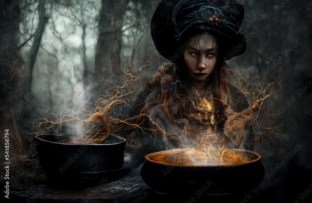 An experienced witch brews a demon summoning potion. Realistic digital ...