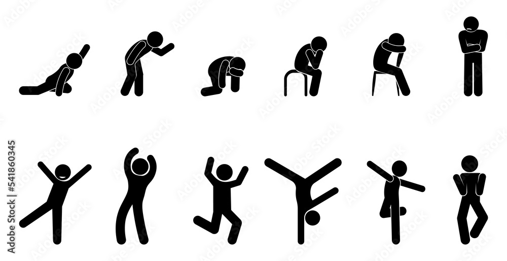 sad and cheerful man illustration, depression and joy icon set, people ...