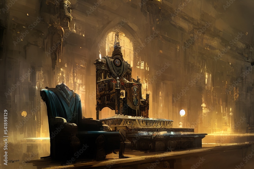 Sci-fi throne in a castle hall in futuristic illustration Stock ...