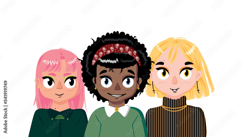 Vector illustration. Three girlfriends in fashionable clothes. Friends are walking. Three ...