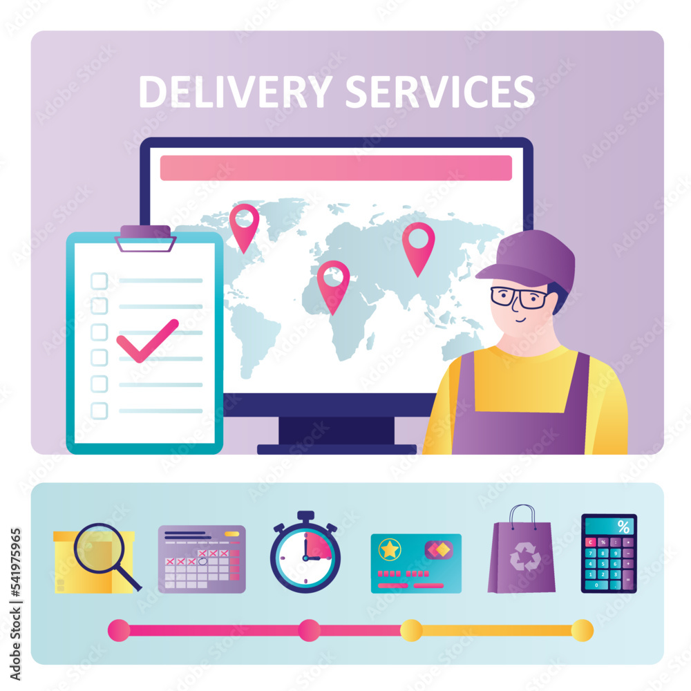 Vettoriale stock di Portrait of deliveryman in uniform. Infographic ...