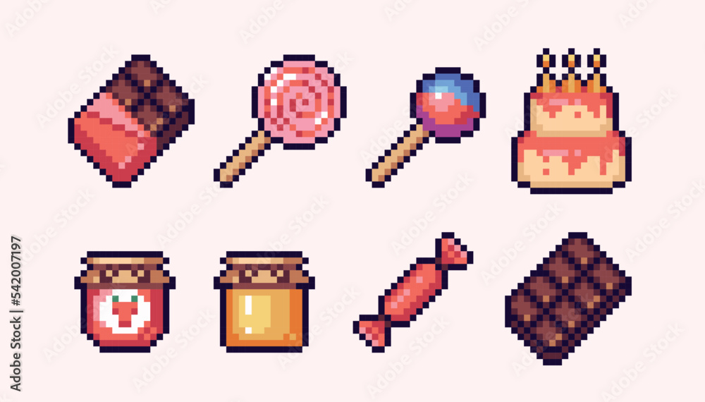 Vetor Sweets assortment pixel art set. Chocolate, candies and cake ...
