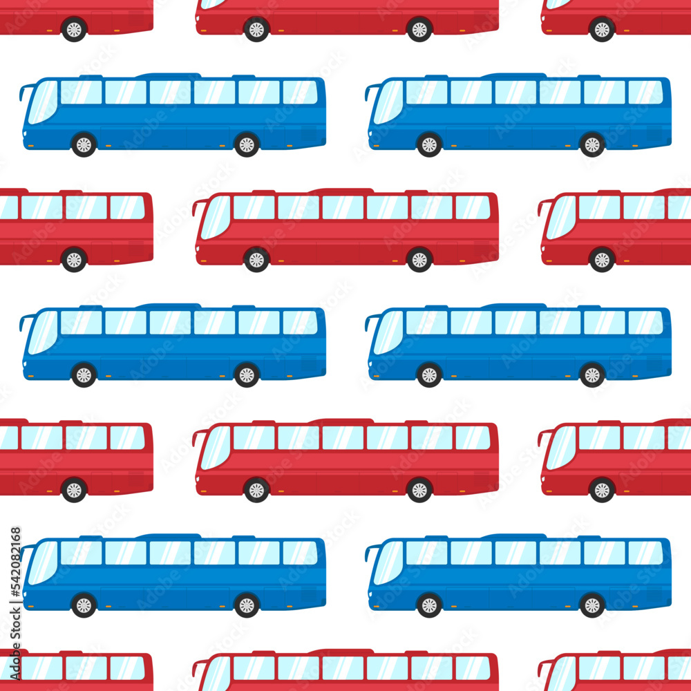 Big red and blue passenger buses isolated on white background. Side ...