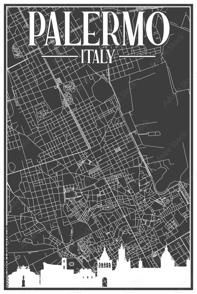 Black vintage hand-drawn printout streets network map of the downtown ...