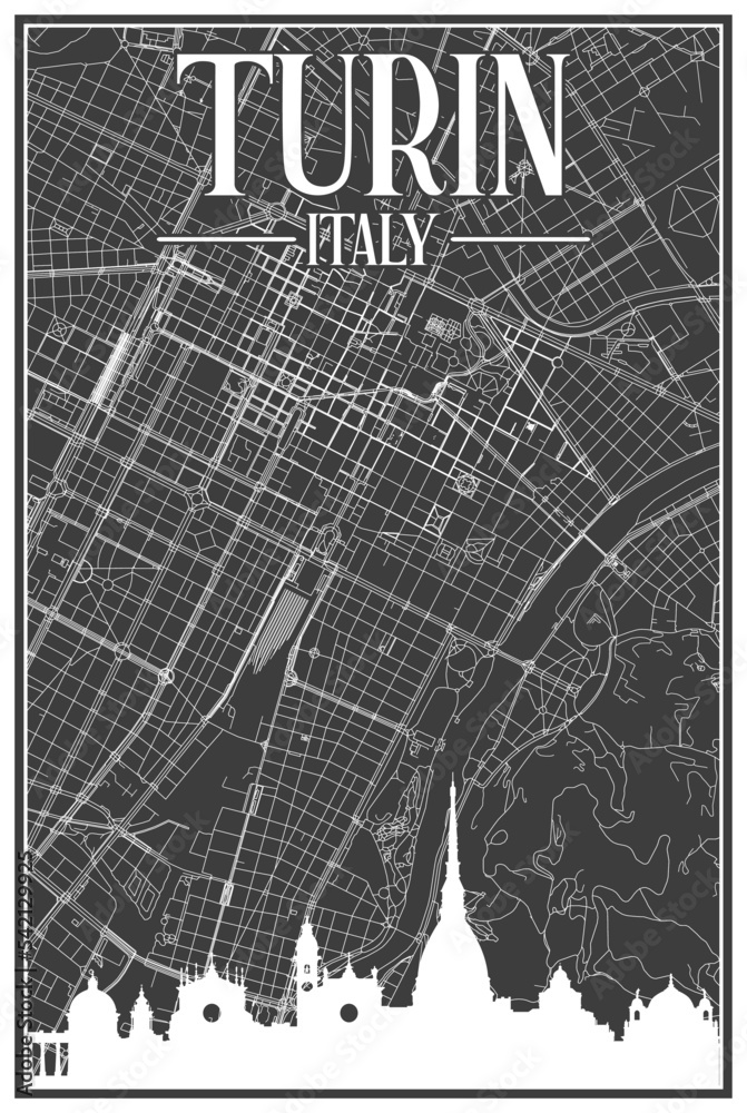Black vintage hand-drawn printout streets network map of the downtown ...