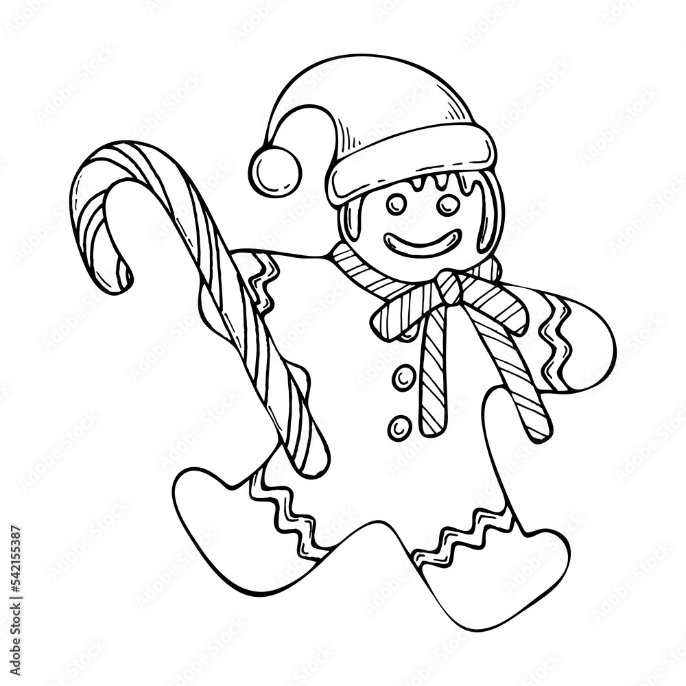 Coloring book Christmas gingerbread man in santa hat. Festive cookies ...