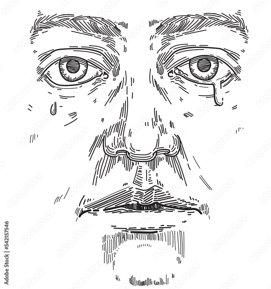 sad crying face expression illustration line drawing on white ...