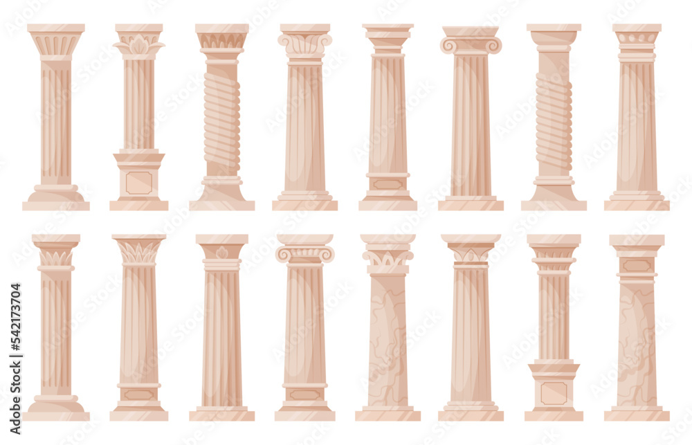 Roman pillars, cartoon antique architecture columns. Ancient greek ionic and doric ornamented ...