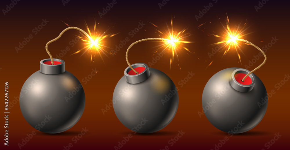 Bombs with burning fuse. Realistic retro round black bomb with burning ...