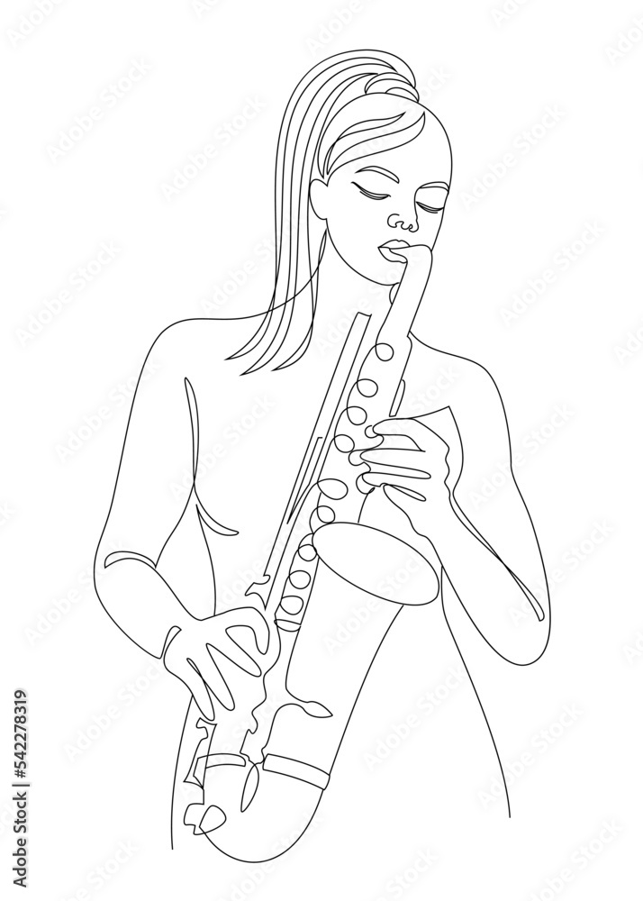 Silhouette of beautiful woman playing saxophone in continuous line ...
