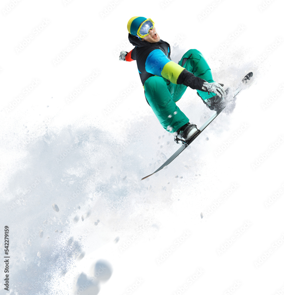 Snowboarder jumping through air with isolated background. Winter Sport ...