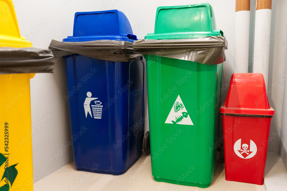 Colorful trash dustbin, Red, green, blue and yellow bin for Hazardous ...