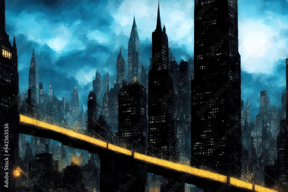 Gotham city comic book urban building. Dark skyscraper skyline with ...