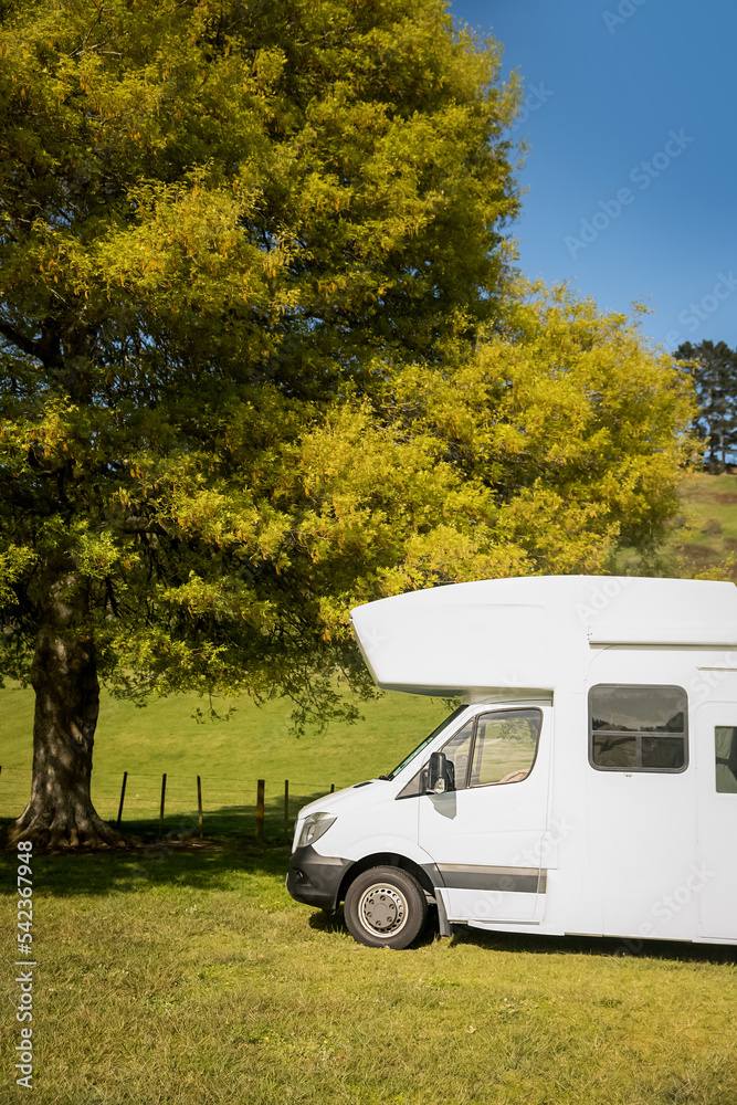 motorhome, caravan or campervan on natural background, vanlife concept ...