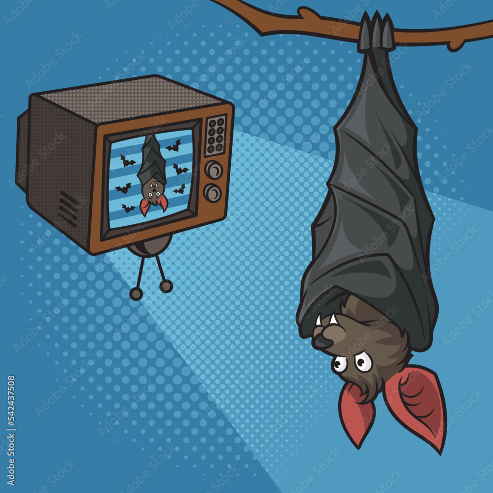 Cartoon bat watching TV upside down pinup pop art retro vector ...