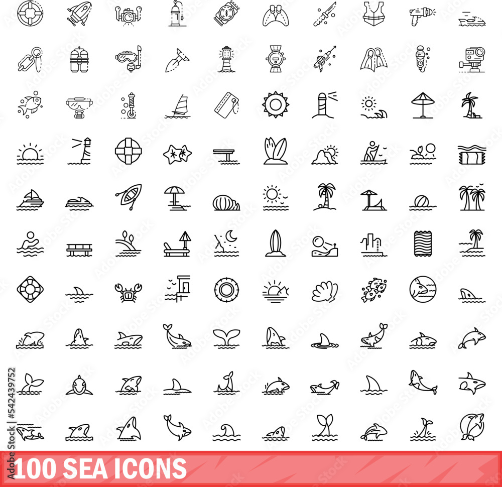 100 sea icons set. Outline illustration of 100 sea icons vector set ...