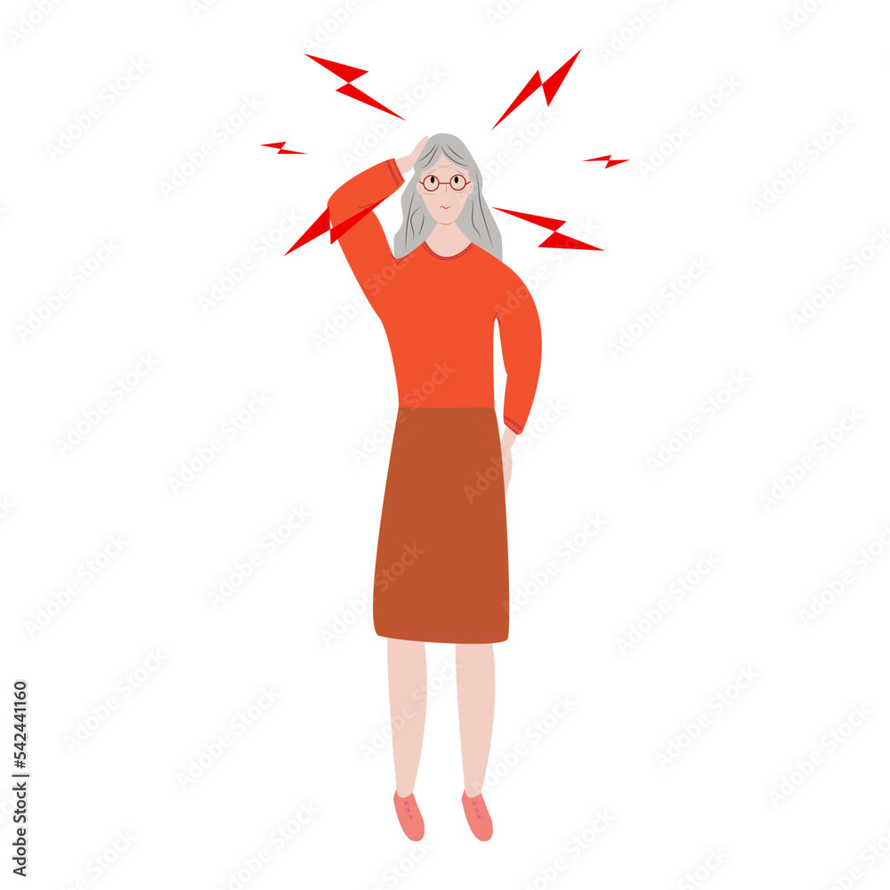 Sad Senior woman having headache or dizziness. Sick girl touching her ...