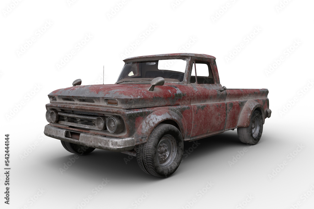 3D rendering ofl an old rusty vintage red pickup truck isolated on ...