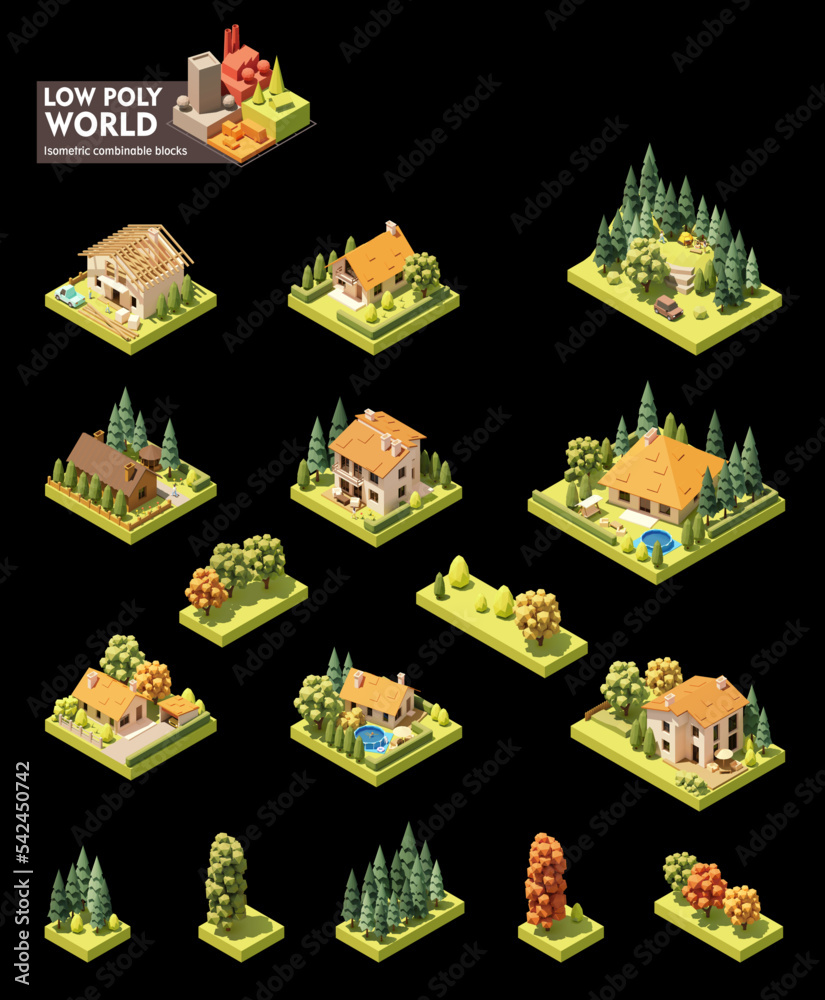 Vector isometric world map creation set. Combinable map elements. Small town or village ...