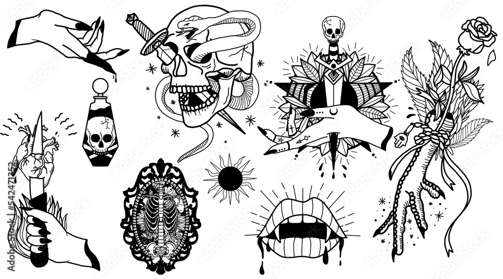 Gothic Tattoo Set. Witchcraft illustrations. Occult symbols. Witchcraft ...