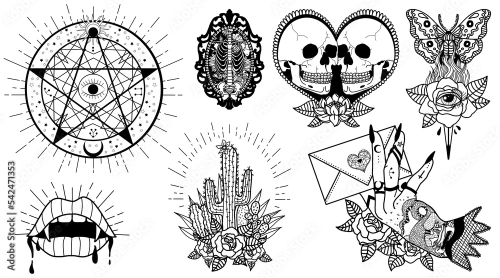 Gothic Tattoo Set. Witchcraft illustrations. Occult symbols. Witchcraft ...