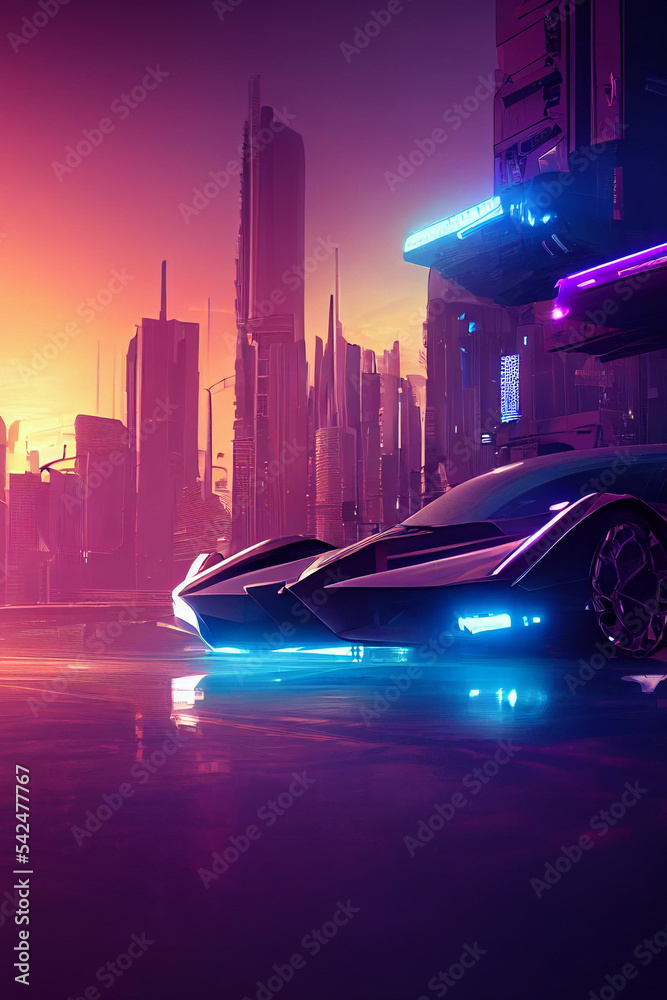 Retro future. 80s style sci-fi background with supercar. Futuristic retro car. retro futuristic ...