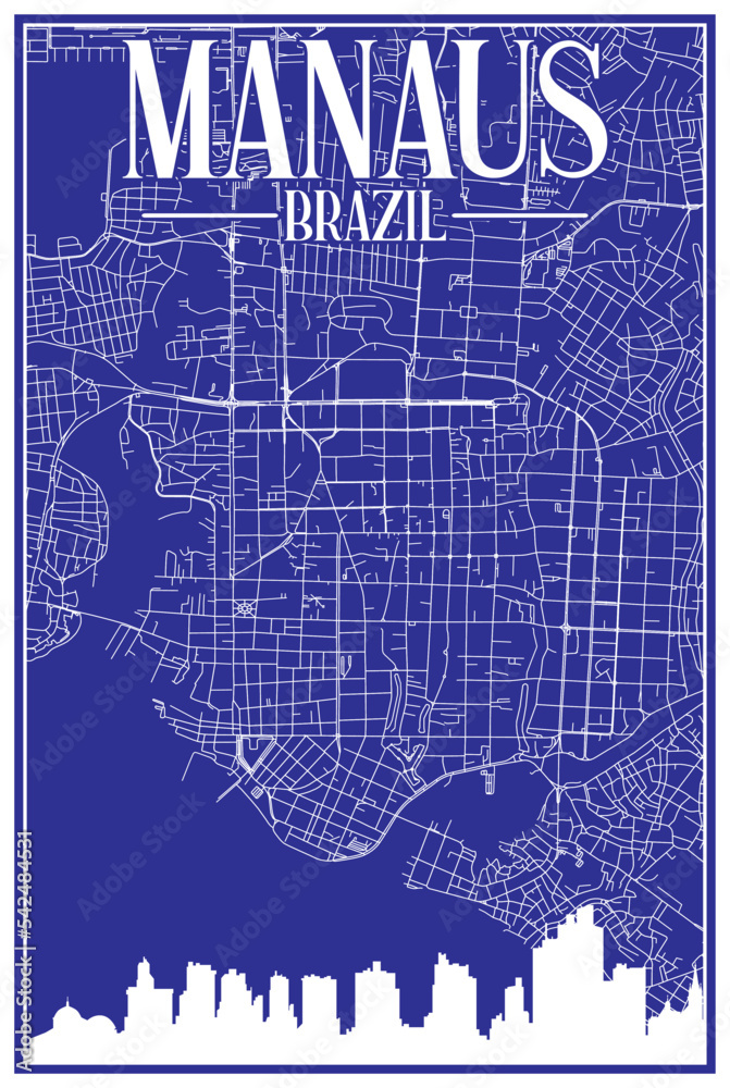 Blue vintage hand-drawn printout streets network map of the downtown ...