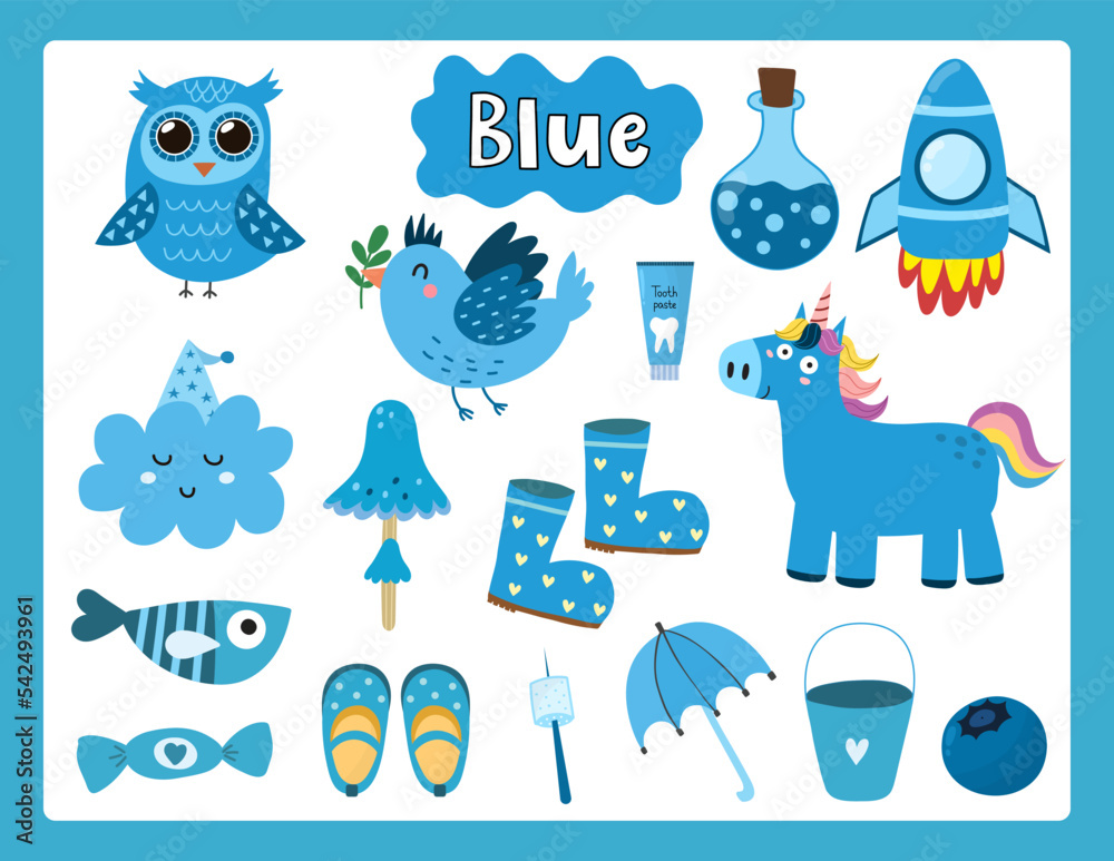 Set of blue color objects. Primary colors flashcard with blue elements ...
