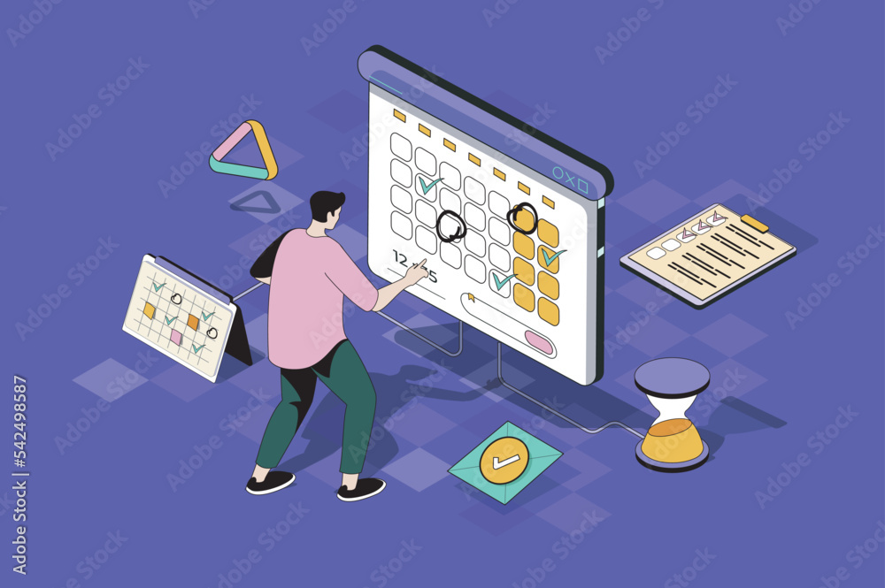 Time planning web concept in 3d isometric design. Man setting priority tasks, marks meetings and ...