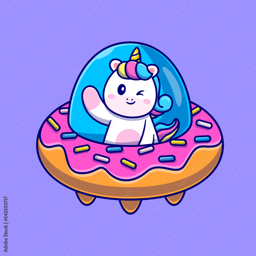 Cute Unicorn Flight With Donut UFO Cartoon Vector Icon Illustration ...