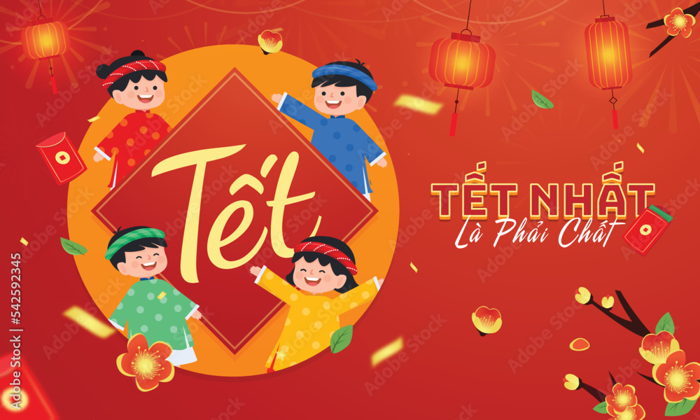Vietnamese Tet banner is designed with the image of children wearing ...