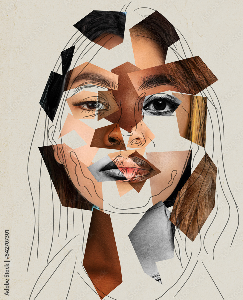 Contemporary art collage. Modern design. Female face made from ...