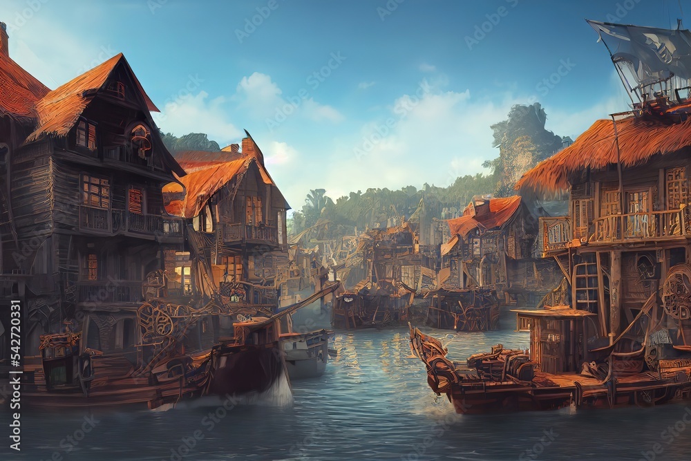 Pirate Town Architecture Concept Art Stock Illustration | Adobe Stock