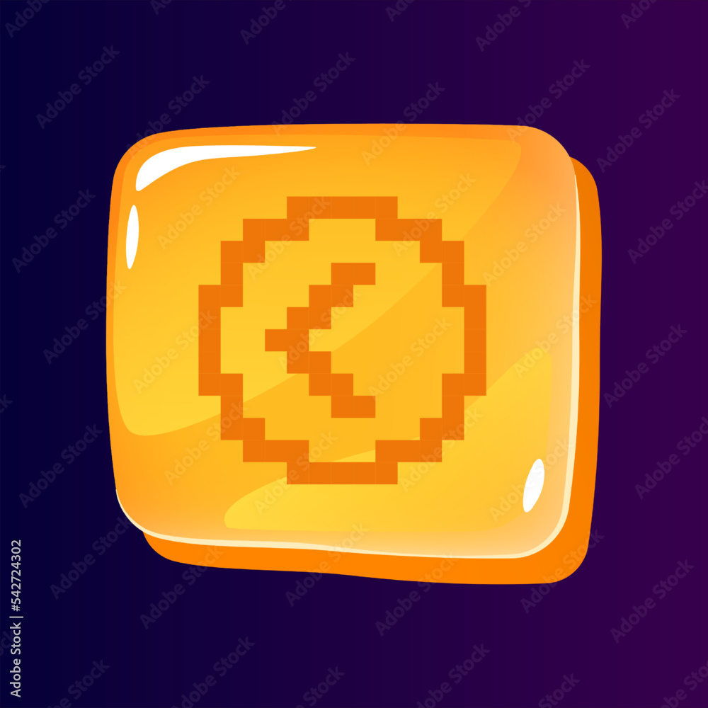 Left side pointer glossy ui button with pixelated icon. Arrow sign. Editable 8bit graphic ...