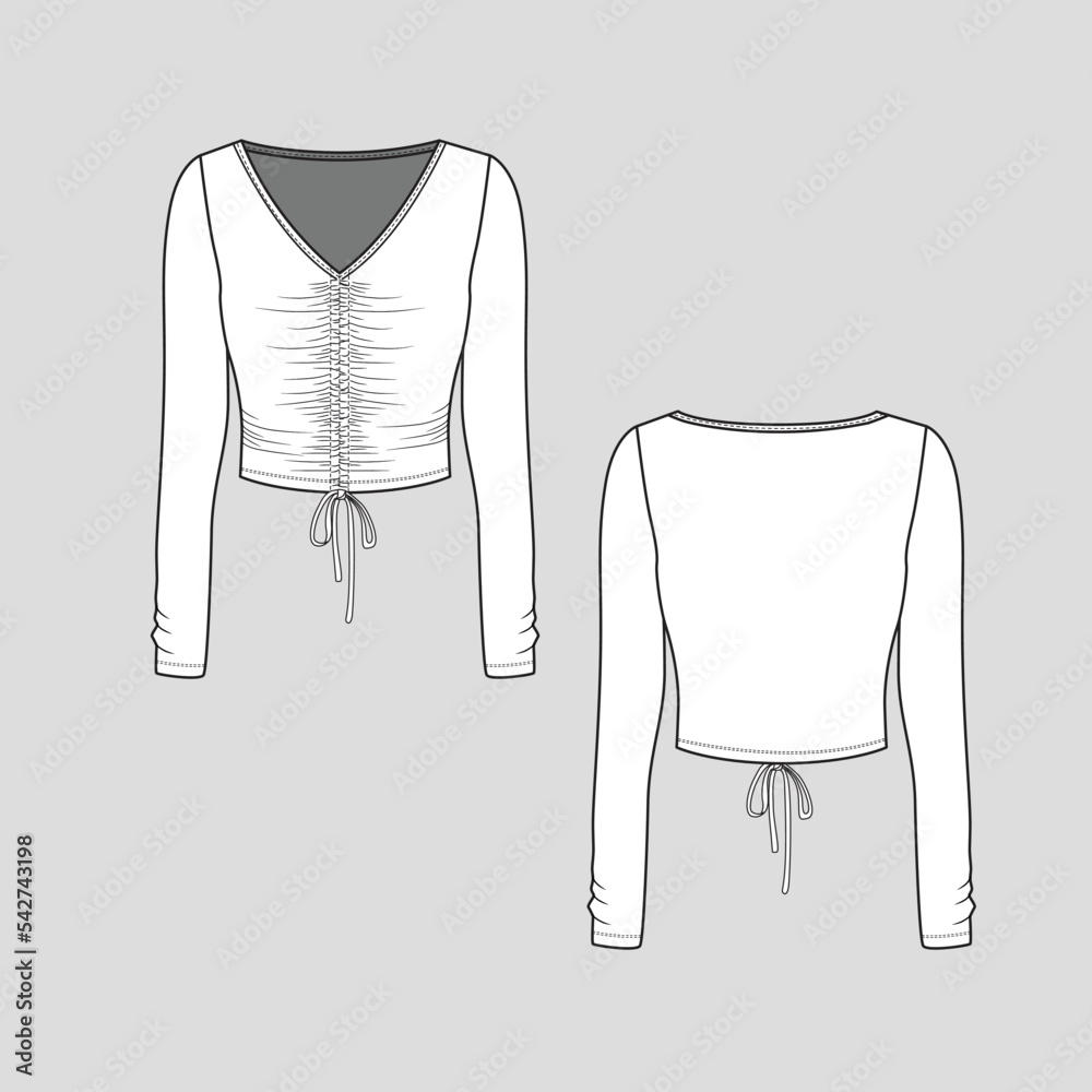 V Neck Gathering Knotted hem Crop Top shirred ruched long Sleeve knot ...