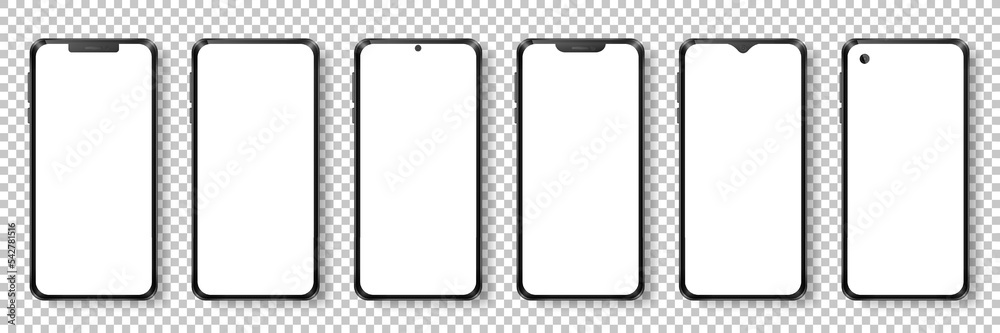 Mockup of six smartphones with blank white screen and different cameras ...