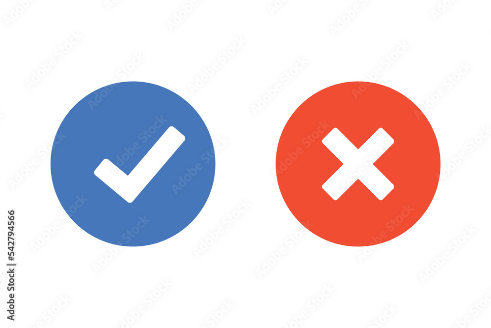 Stock-Vektorgrafik „Cross and check mark icons, flat round buttons. Symbols yes and no button ...