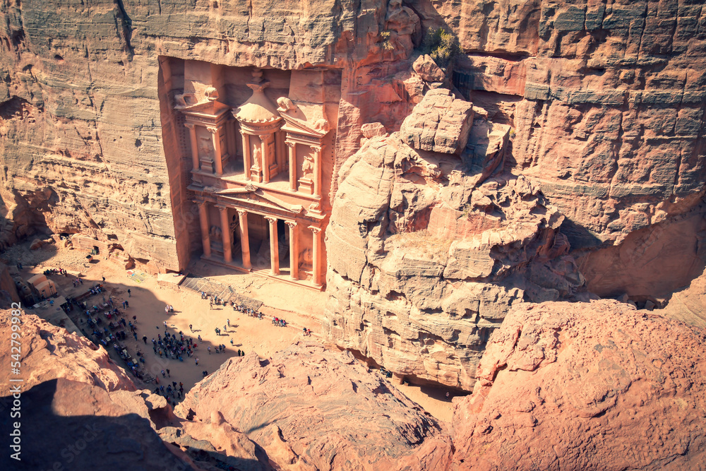 Top view tourist by The temple-mausoleum of Al Khazneh in the ancient ...