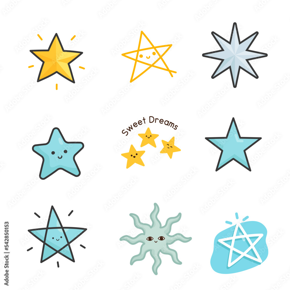 minimal cute star sticker set kawaii doodle flat cartoon vector ...