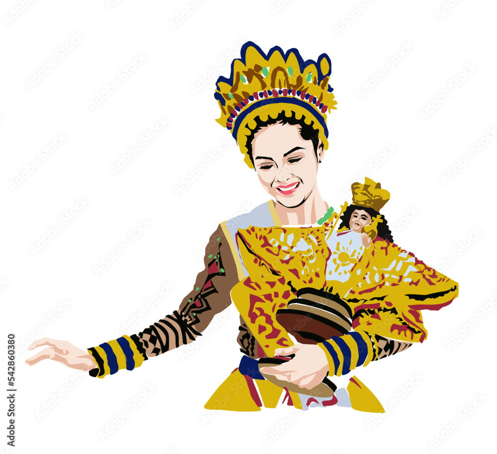 Vector de Stock Festival queen dancer holding santo Nino in Sinulog ...
