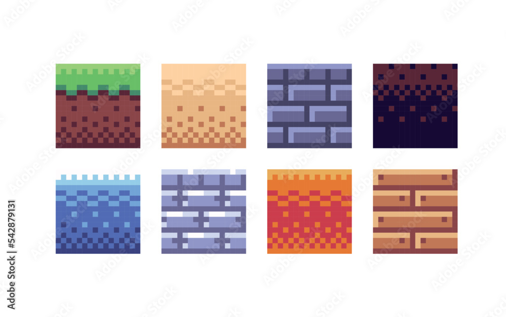 Square Tile Pixel Art Set Different Ground Texture Grid Collection 8