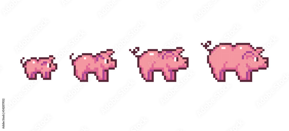 Pig growing stages pixel art set. Piggy development process collection ...