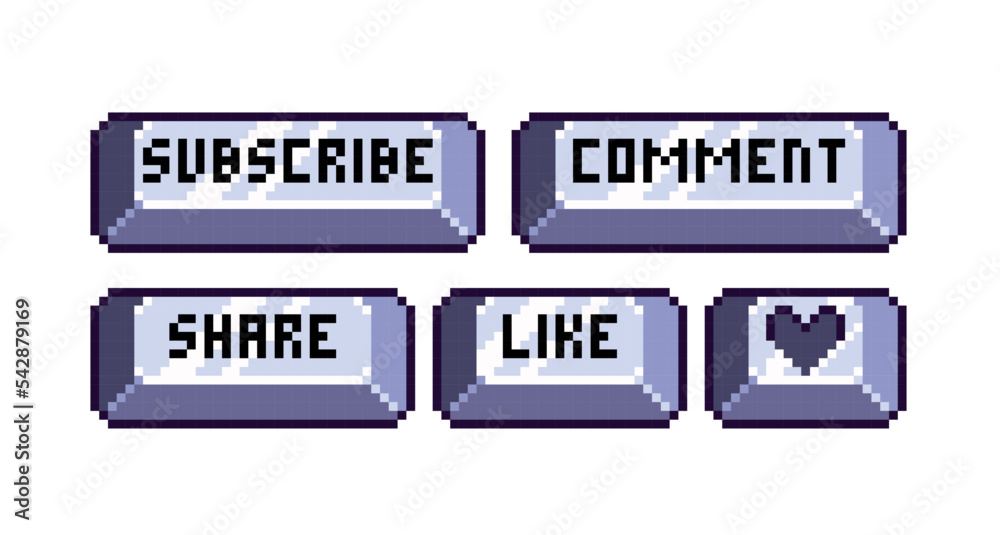 Social media steel banner pixel art set. Like, subscribe, comment ...