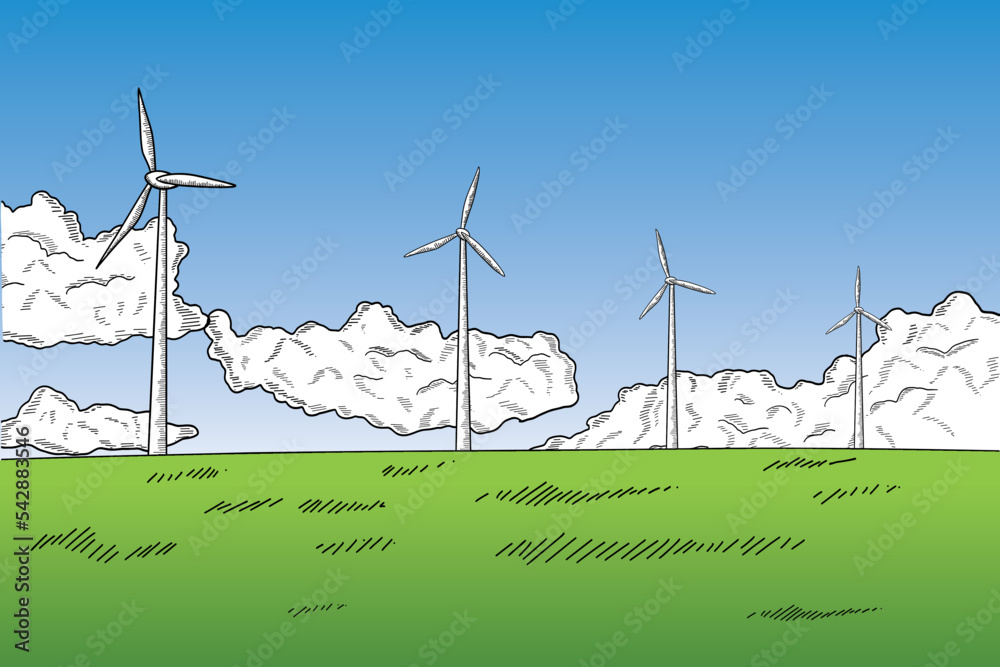 Vector Hand Drawn Wind turbine Towers with Cloudy Sky on White ...