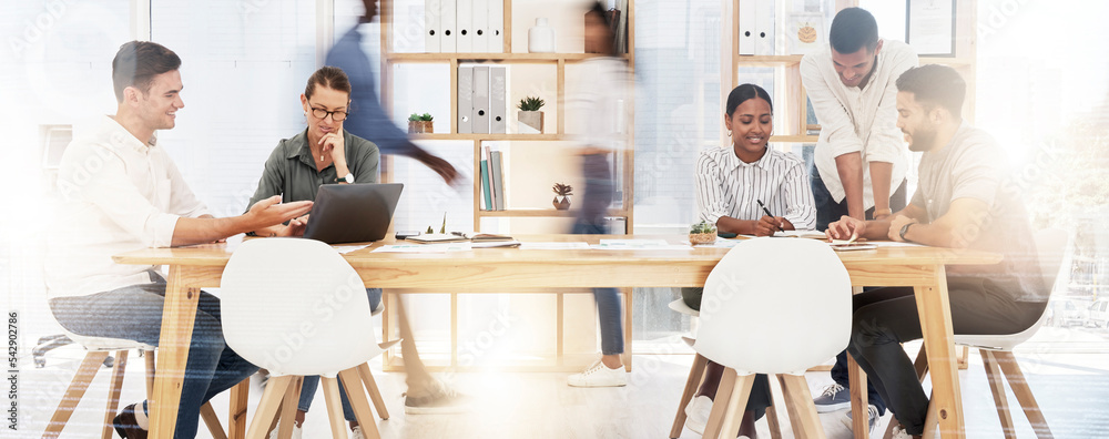 Corporate team, coworking office and collaboration with a fast and busy ...